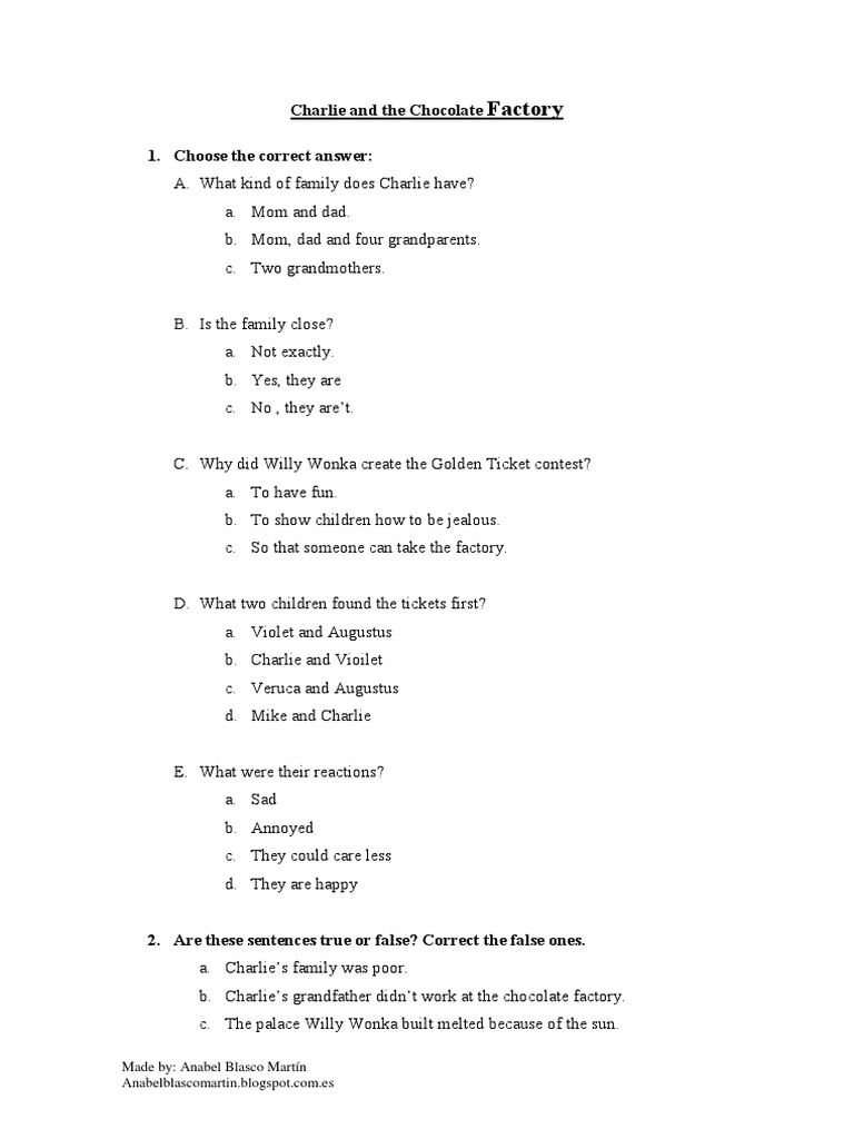Charlie and the Chocolate Factory Worksheet | PDF
