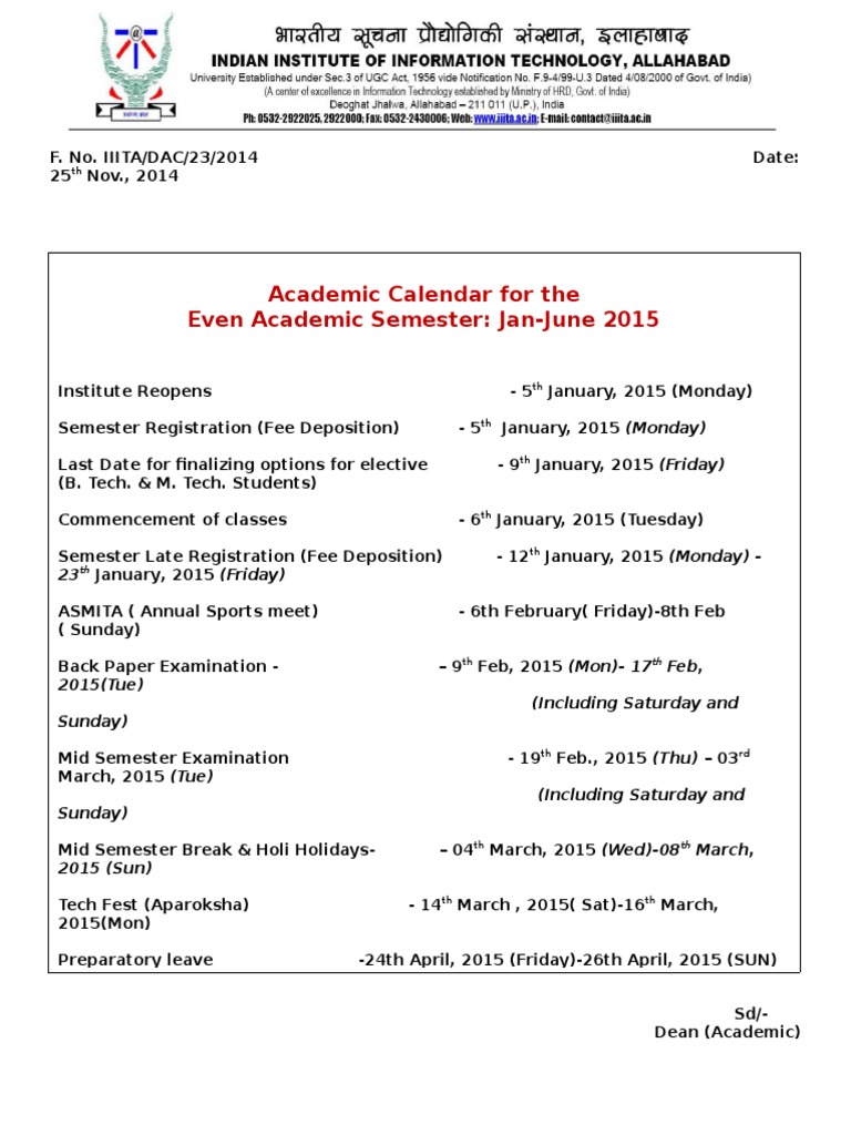 Academic Calendar Jan-June 2015 | PDF