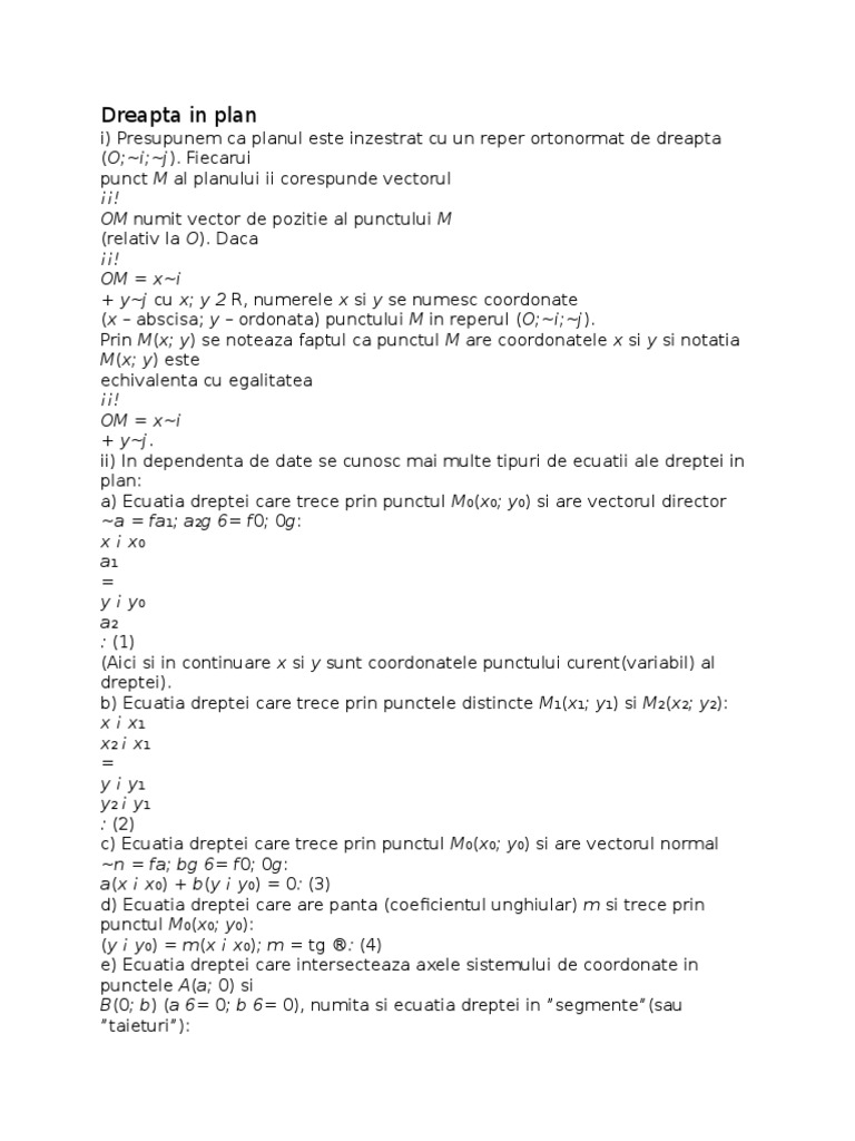 Ecuatii ale dreptei in plan | PDF