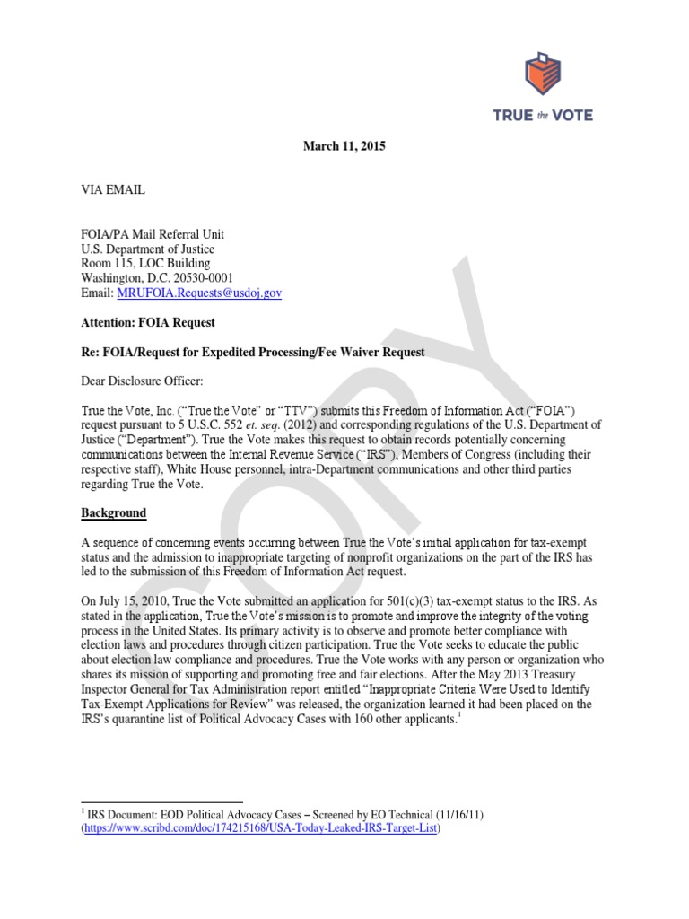 2015.3.11 DOJ FOIA Letter | PDF | True The Vote | Freedom Of ...