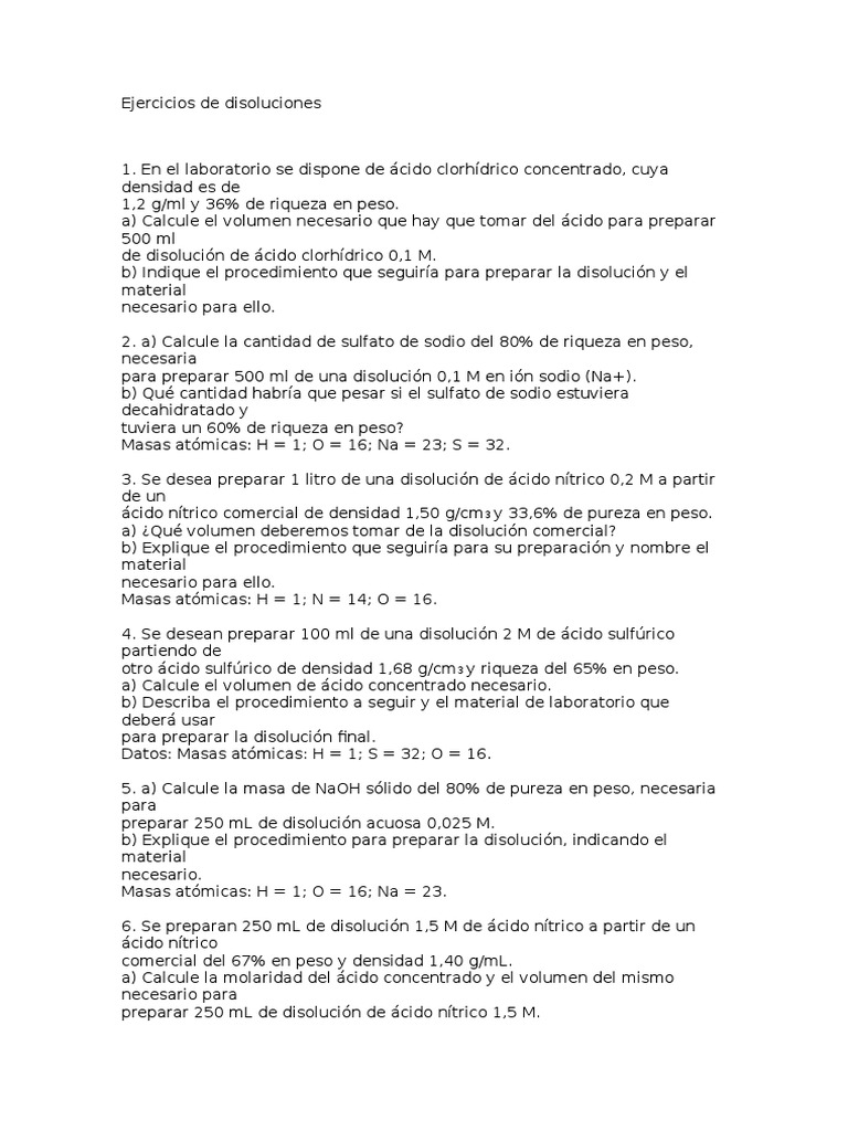 1 BACH-Ejercicios de Disoluciones Selectividad | PDF | Ácido clorhídrico | Elementos químicos