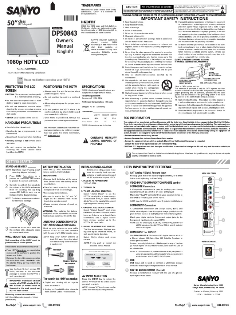 Sanyo Dp50843 Owner S Manual | PDF | Hdmi | Digital Television