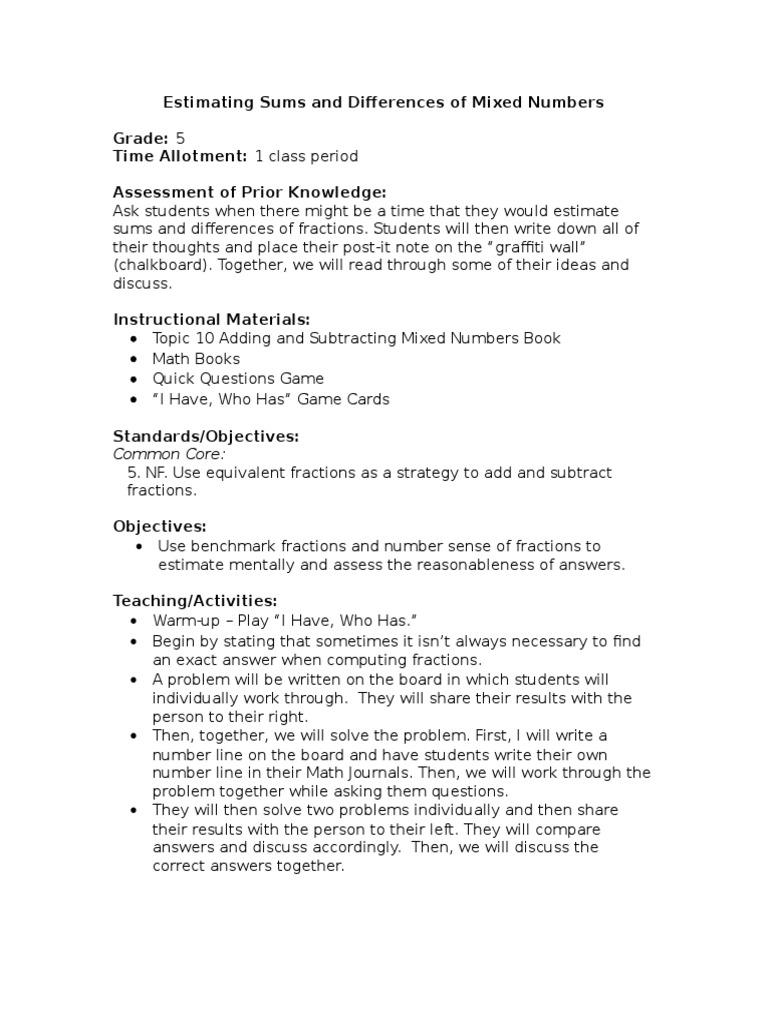 Estimating Mixed Numbers Lesson Plan | PDF | Worksheet | Fraction ...
