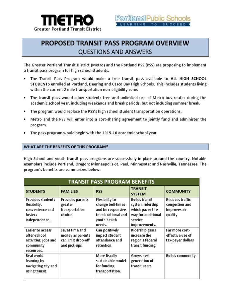 Proposed Transit Pass Program Overview: Questions and Answers | PDF ...