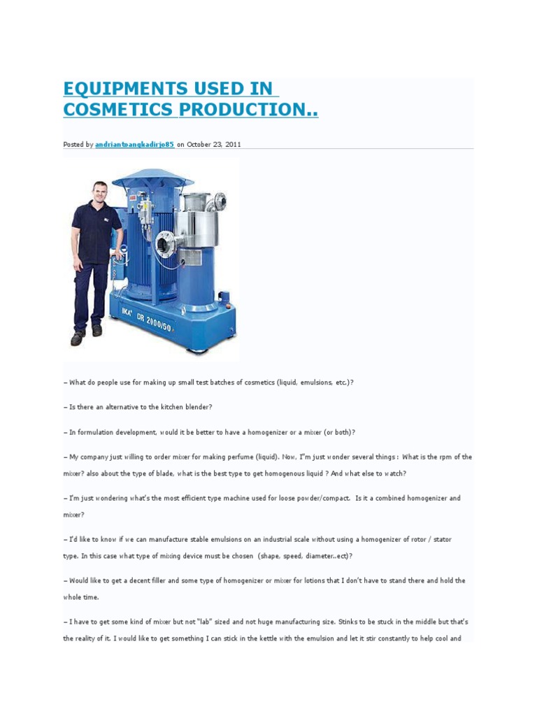 Equipments Used in Cosmetics | PDF | Mill (Grinding) | Emulsion