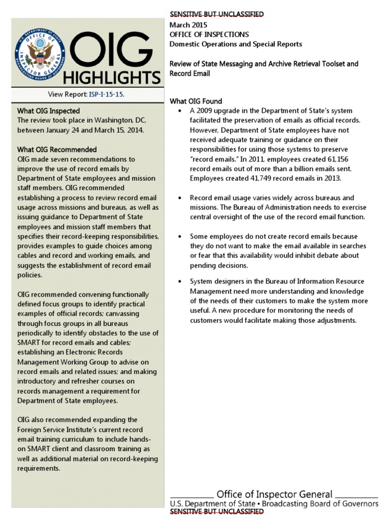 State Dept Office of Inspector General (Oig) Report 2015 - Emails | PDF ...