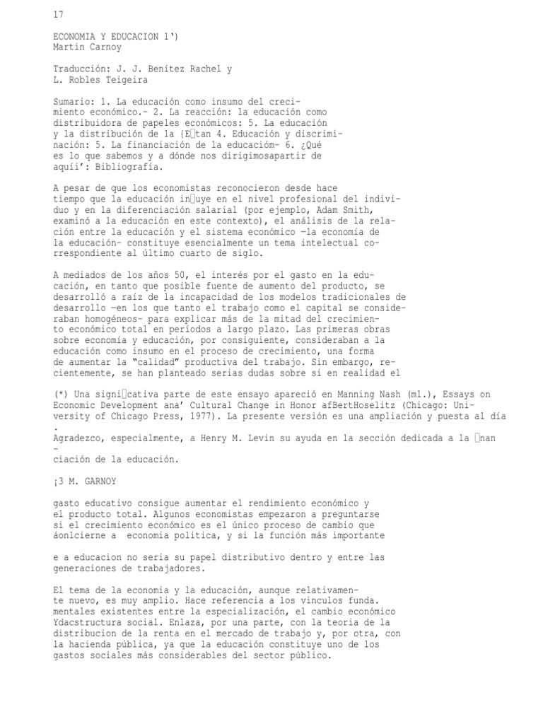 Economia y Educacion Martin Carnoy Profes | PDF | Salario | Crecimiento ...