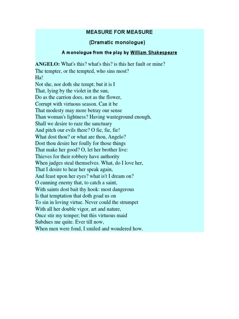 Measure For Measure (Dramatic Monologue) : A Monologue From The Play by ...
