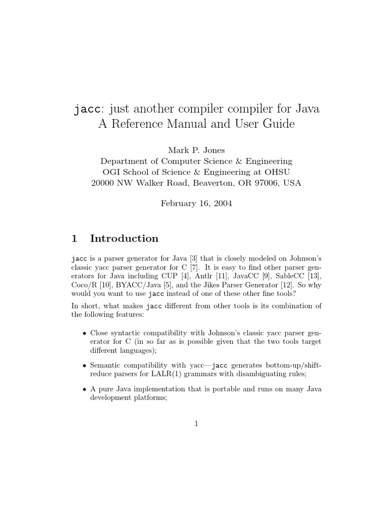 JACC: A Reference Manual and User Guide for a YACC-Compatible Parser Generator for Java | PDF ...
