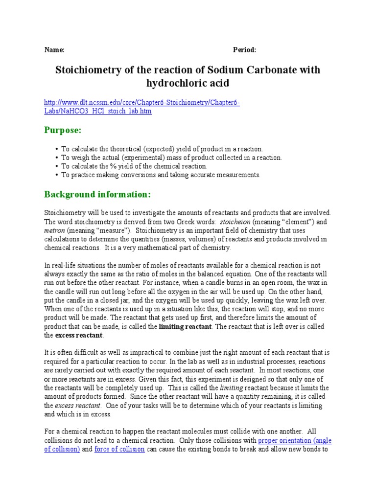 Sodium Carbonate Lab | PDF | Stoichiometry | Chemical Reactions
