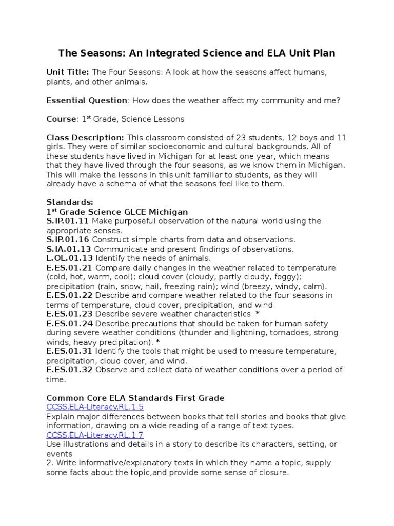 Four Seasons Unit Plan | PDF | English Language | Weather