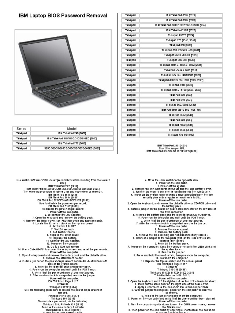 IBM ThinkPad BIOS Password Reset Guide | PDF | Booting | Bios