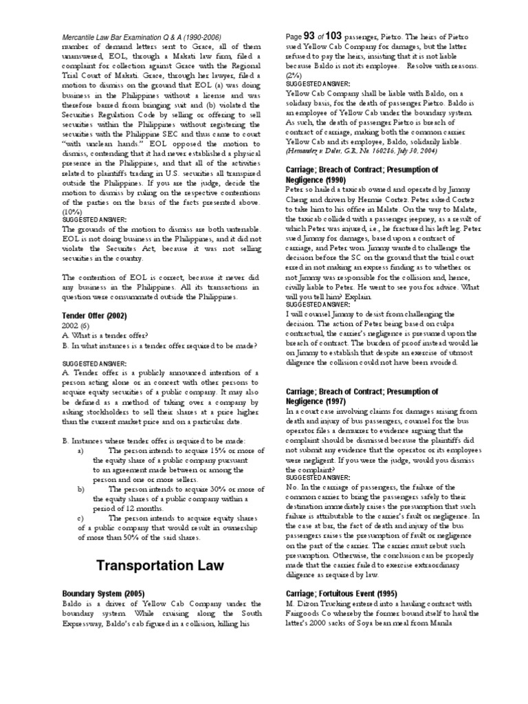 Transpo Bar Q | PDF | Common Carrier | Negligence