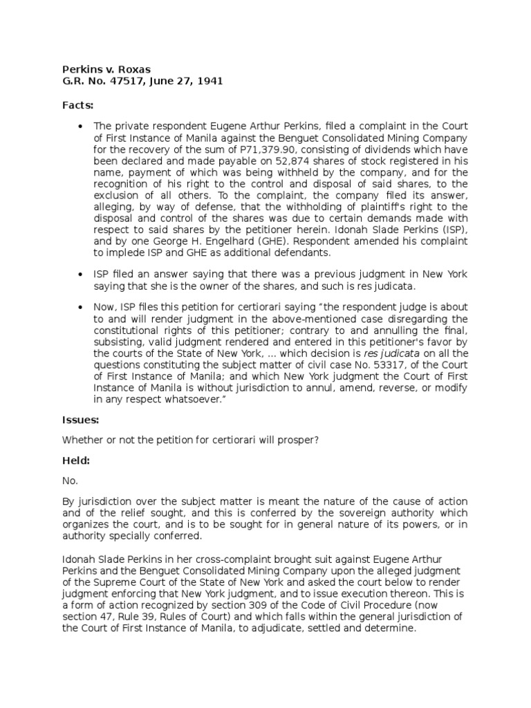 Perkins Vs Roxas Case Digest | PDF | Judgment (Law) | Lawsuit