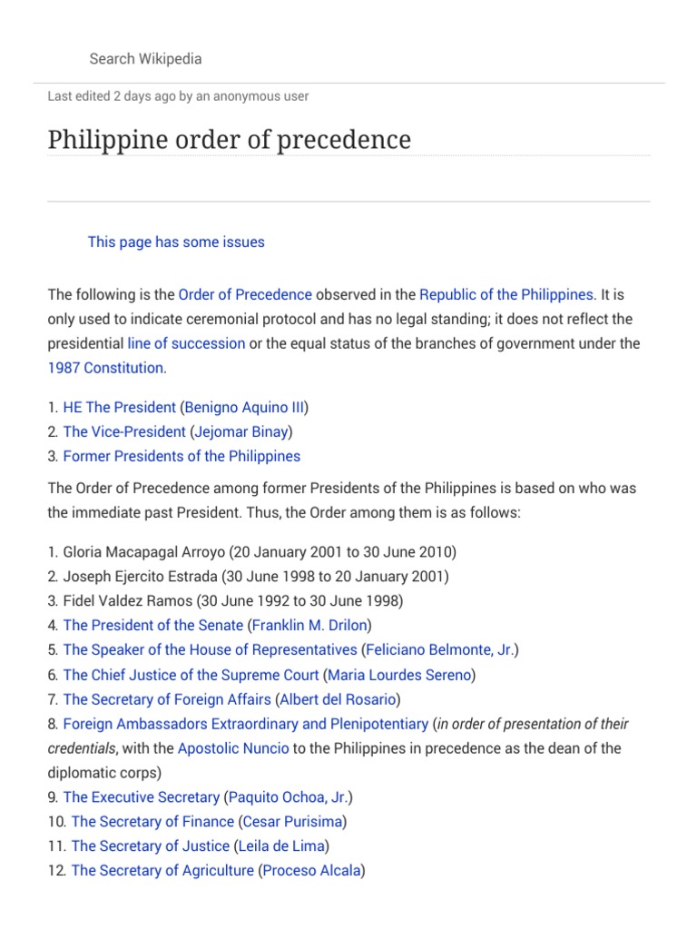 Philippine Order of Precedence | President Of The Philippines | Philippines