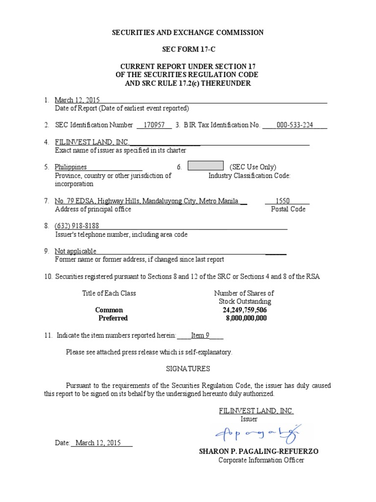 Securities and Exchange Commission Sec Form 17-C Current Report Under ...
