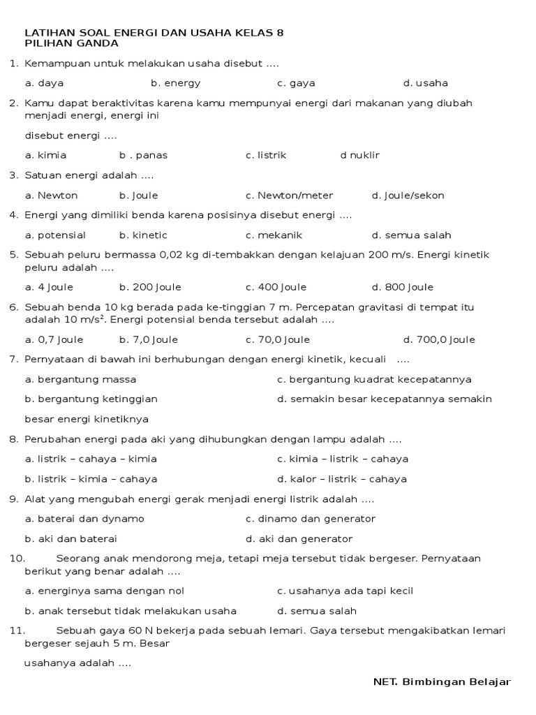 Latihan Soal Energi Dan Usaha Kelas 8 | PDF