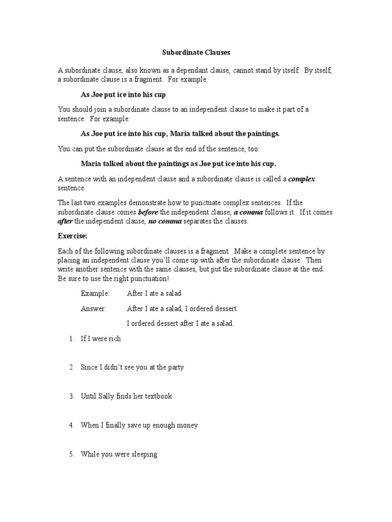 Subordinate Clauses Exercises | PDF | Clause | Adverb