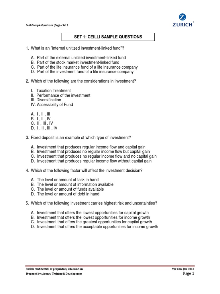 CEILLI Sample Questions - Set 1 (ENG) | PDF | Investing | Life Insurance