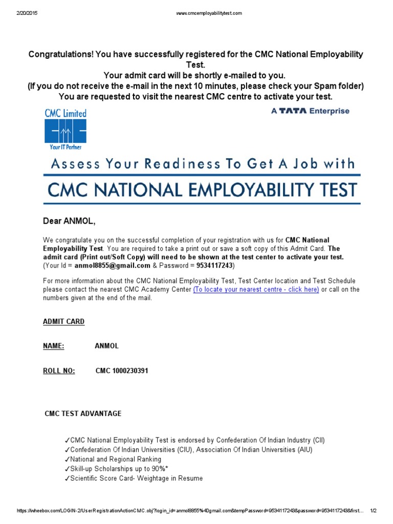 CMC National Employability Test Details | PDF | Career & Growth ...