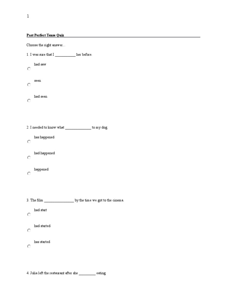 Past Perfect Tense Quiz | PDF