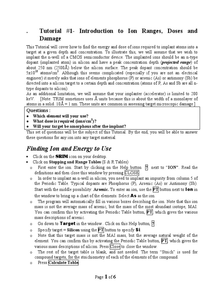SRIM Tutorial 1 - Ion Ranges, Doses and Damage | PDF | Silicon | Doping ...