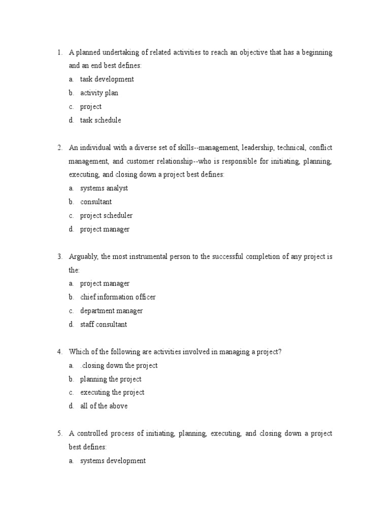 Sample Project MGT Multiple Choice Questions | PDF | Project Management ...