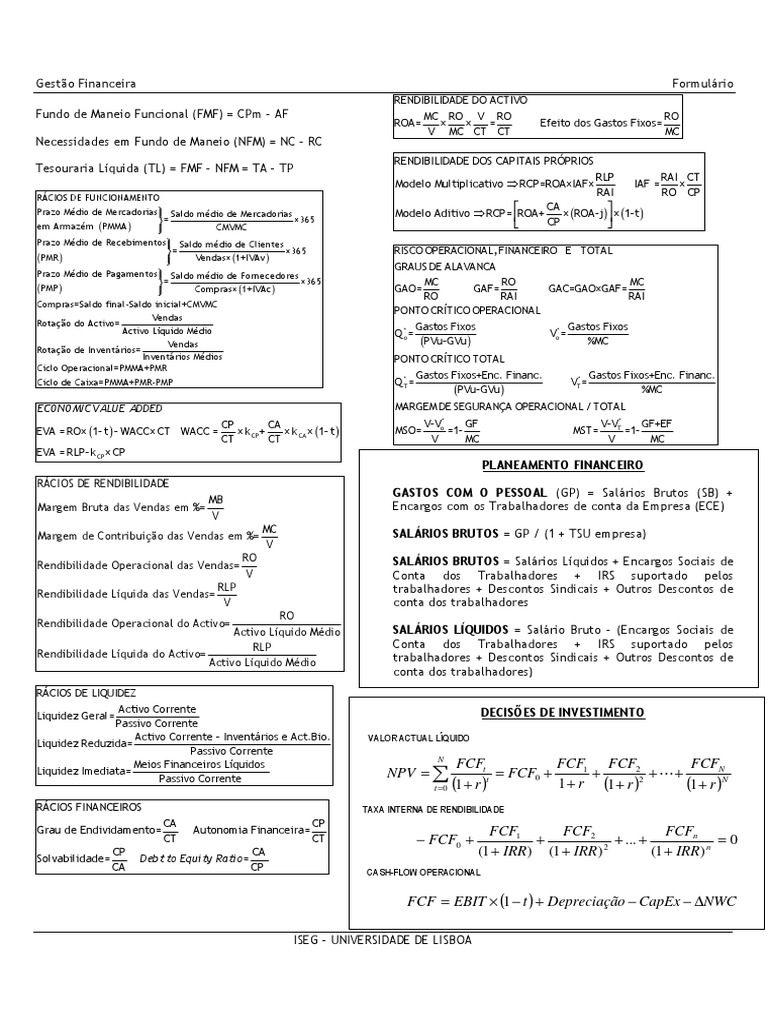 Formulario Gestão Financeira | PDF | Capital de giro | Capital financeiro