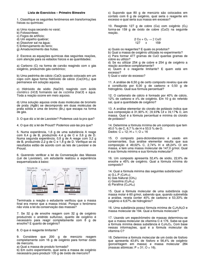 Lista de Exercícios Leis Ponderais e Formulas Químicas | Carbono ...
