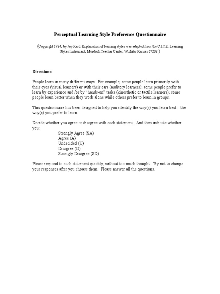 Perceptual Learning Style Preference Questionnaire | PDF | Learning Styles | Education Theory