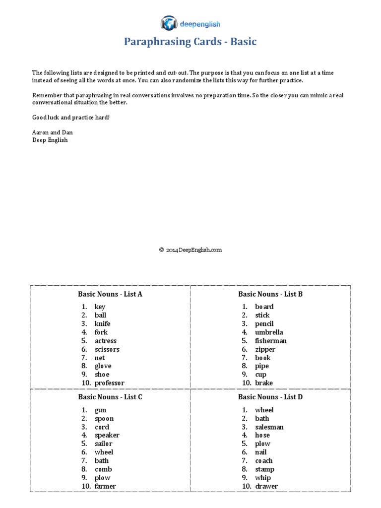 Paraphrasing Cards - Basic | PDF