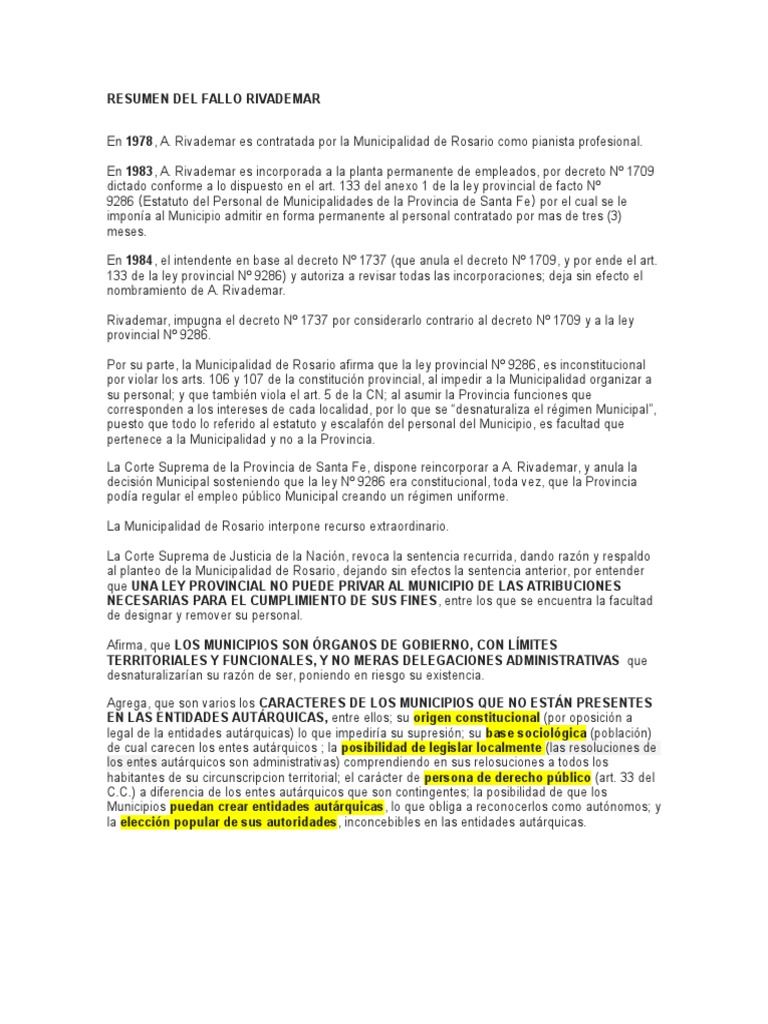 Resumen Del Fallo Rivademar | PDF | Constitución | Caso de ley