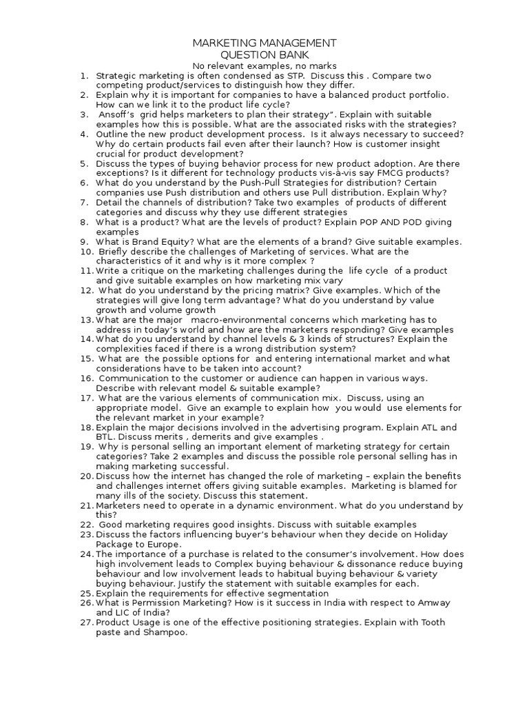 Marketing Management Anna Question Bank | PDF | Strategic Management ...