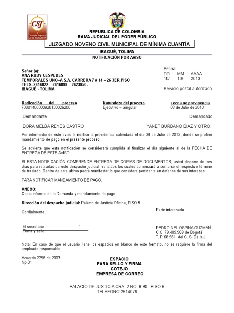 FORMATO NOTIFICACIÓN POR AVISO | Política | Gobierno