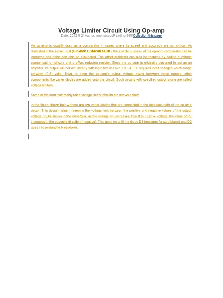 Voltage Limiter Circuit Using Op | PDF | Operational Amplifier ...