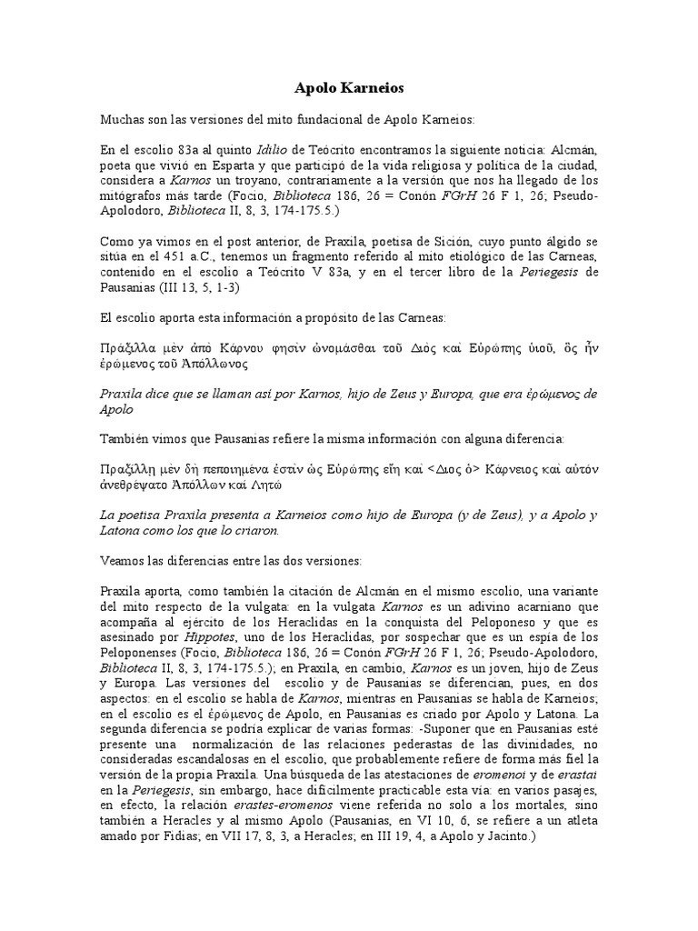 Mitos de Apolo Karneios y Karnos | PDF | Esparta | Apolo