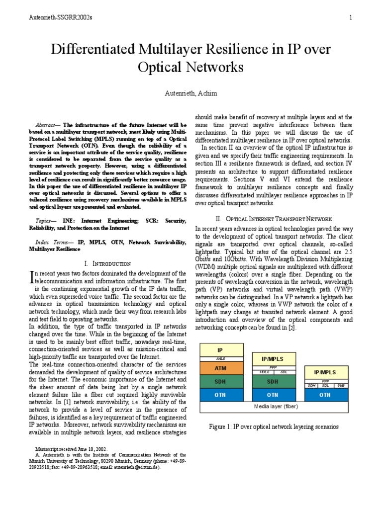 Differentiated Multilayer Resilience in IP Over Optical Networks | PDF | Multiprotocol Label ...
