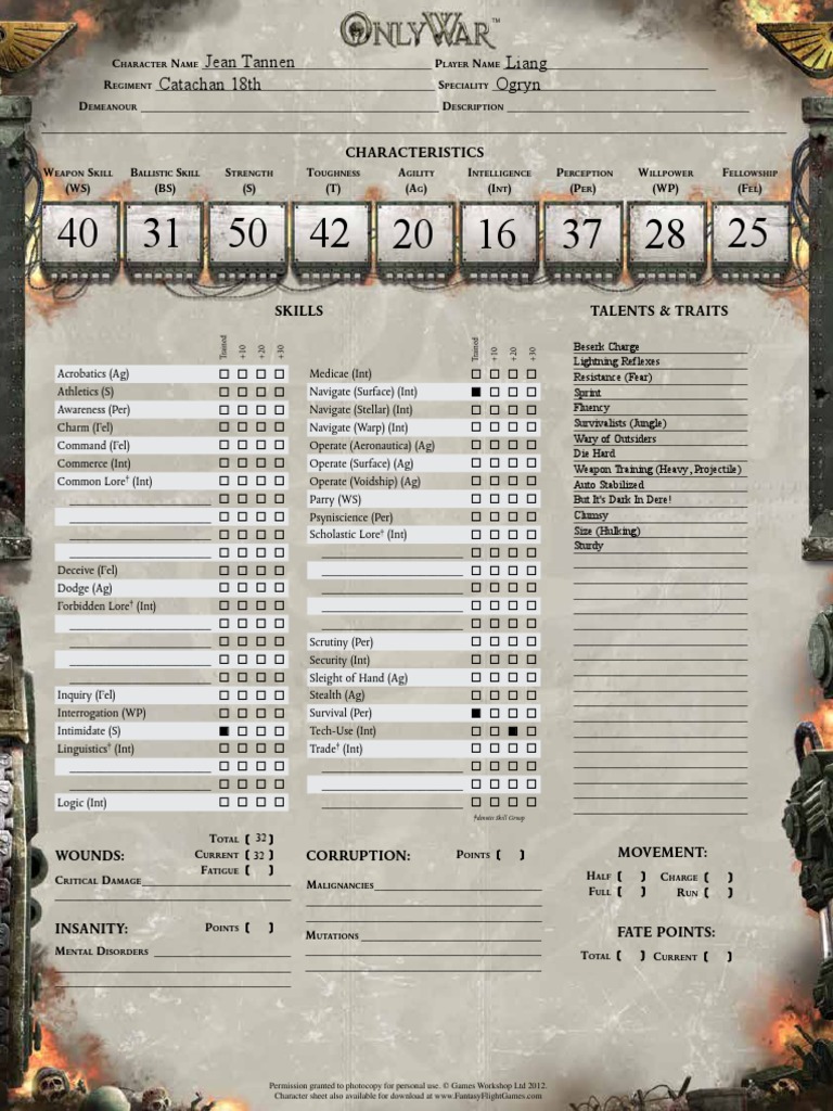 Form Fillable Only War Character Sheet - Printable Forms Free Online