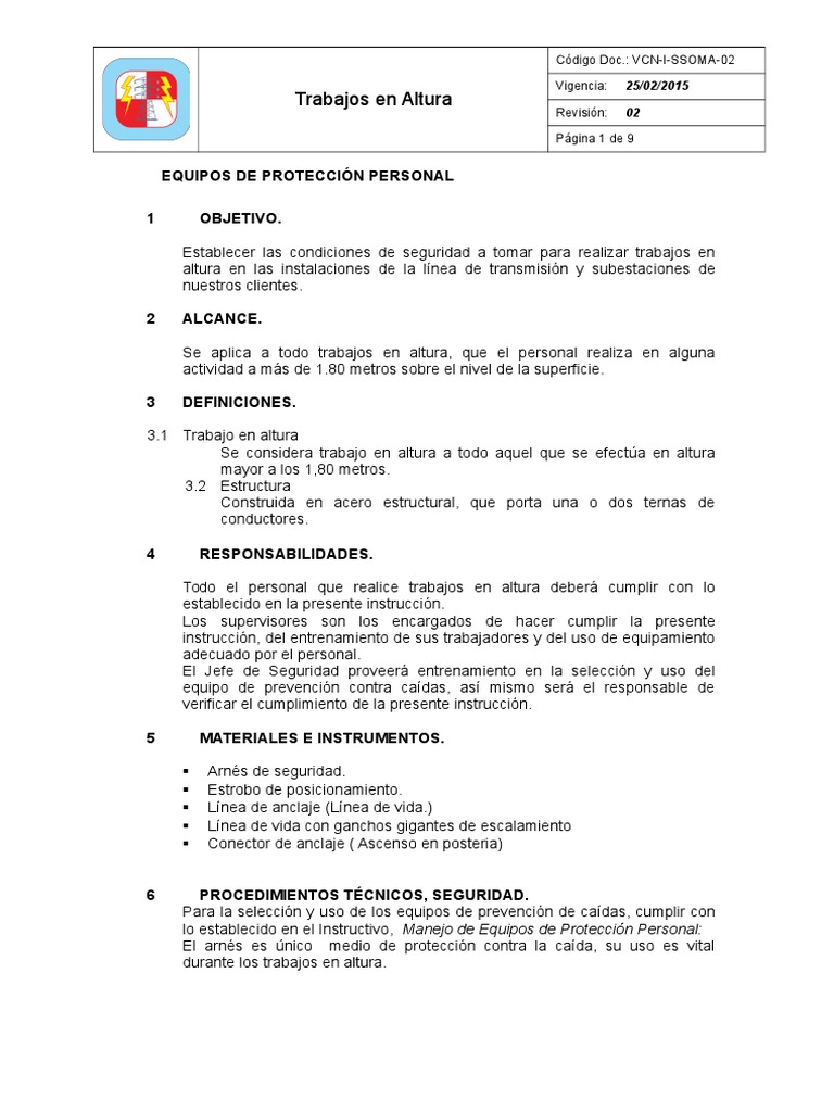 VCN - I-SSOMA - 02 Instructivo Trabajos en Altura. Rev 2 | PDF ...