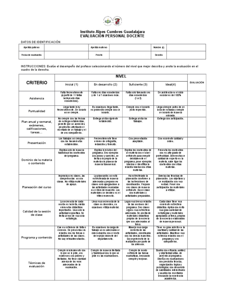 Rúbrica Evaluación Docente | PDF | Planificación | Prueba (evaluación)