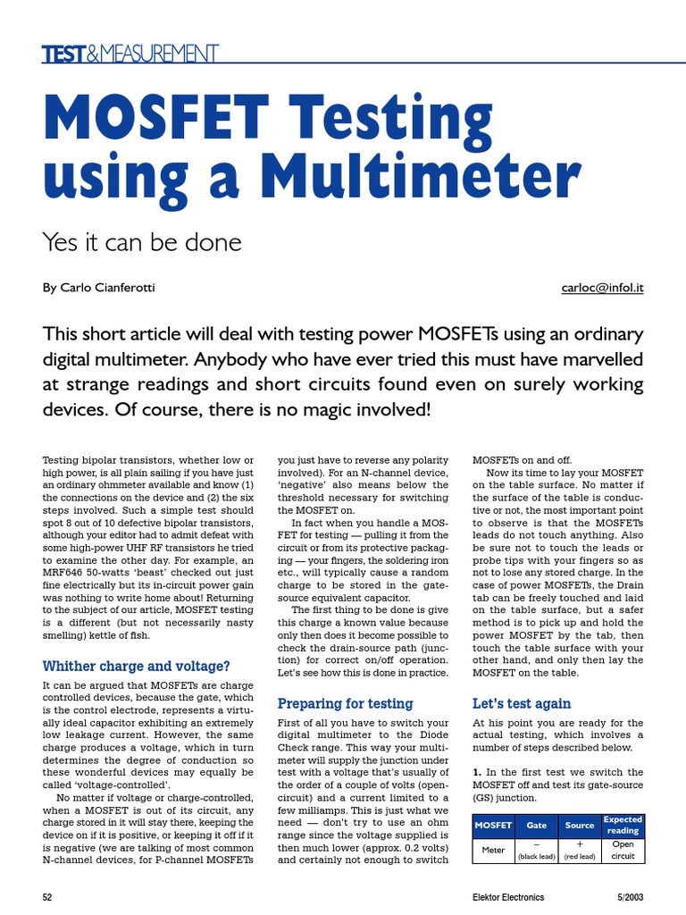 Mosfet Testing With Multi Meter | PDF | Mosfet | Field Effect Transistor