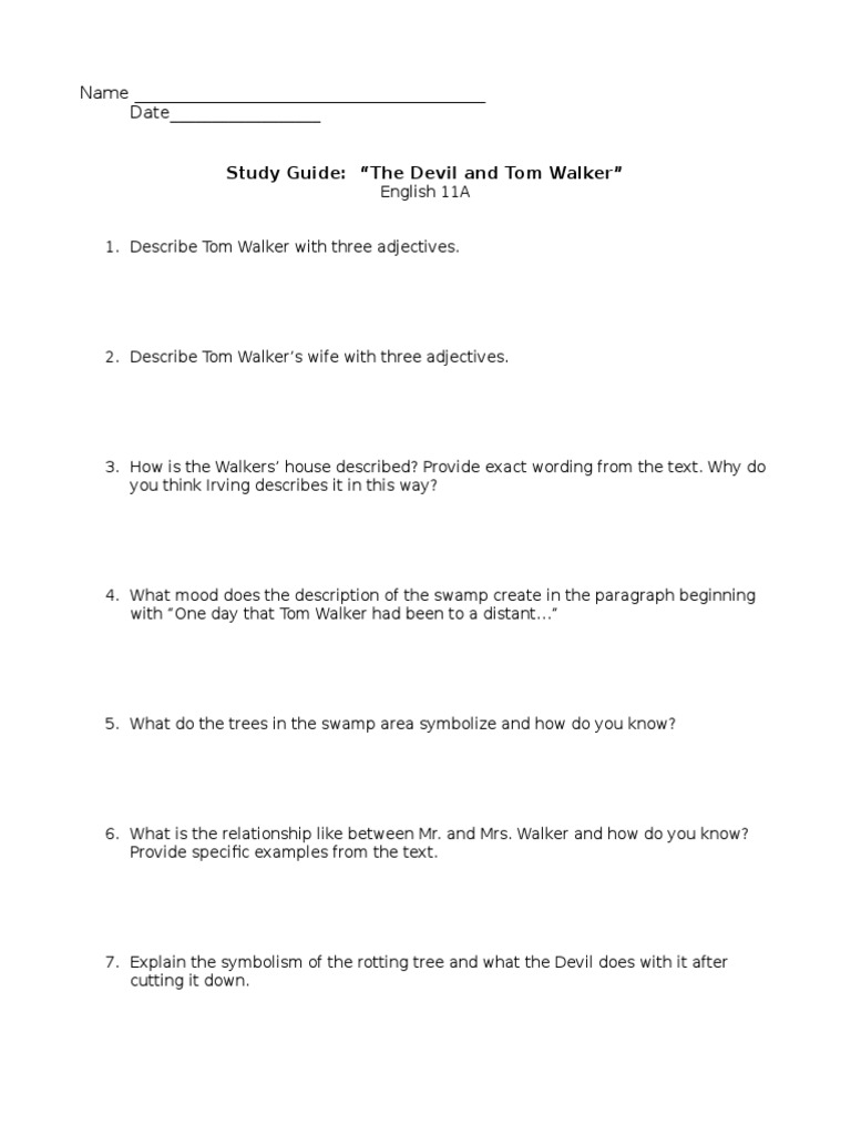 The Devil and Tom Walker Study Questions | PDF | Narration | Satan