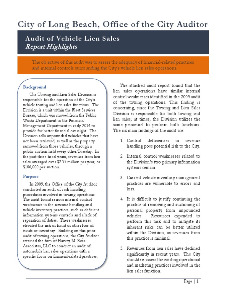 Audit of Vehicle Lien Sales Report Highlights | PDF | Auction ...