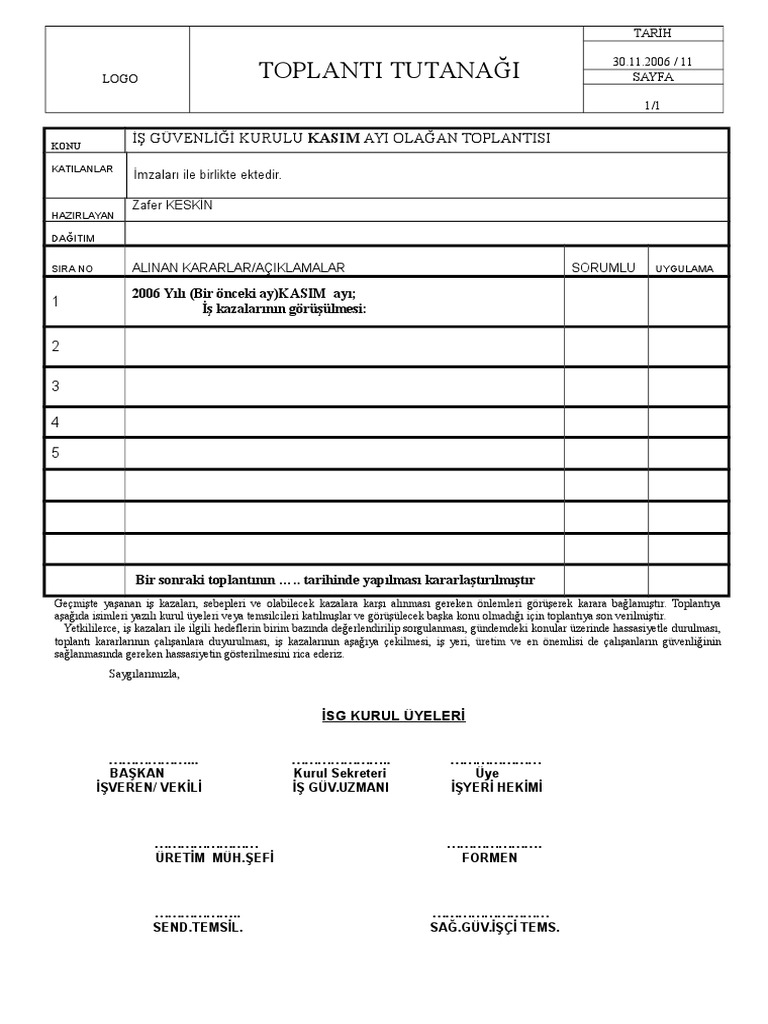 Ek 11 Isg Kurul Tutanak Formu | PDF