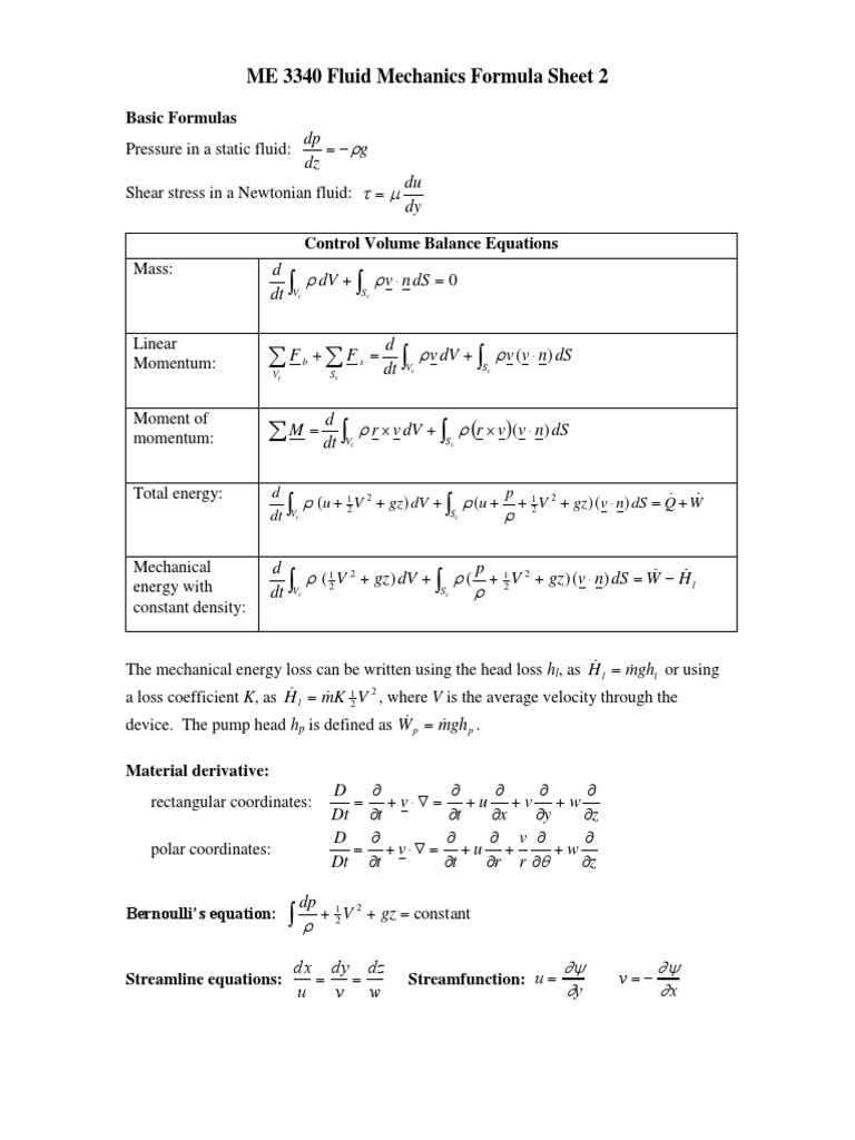 ME 3340 Fluid Mechanics Formula Sheet 2: Basic Formulas | PDF | Science ...