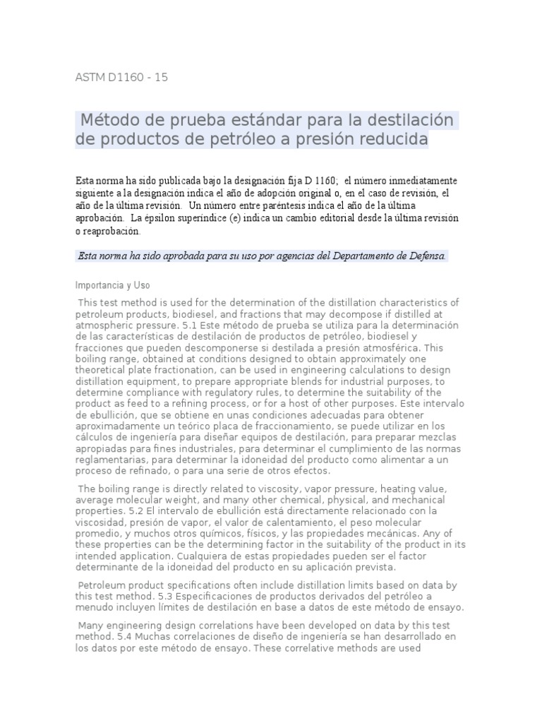 Astm d1160 | PDF | Destilación | Vacío