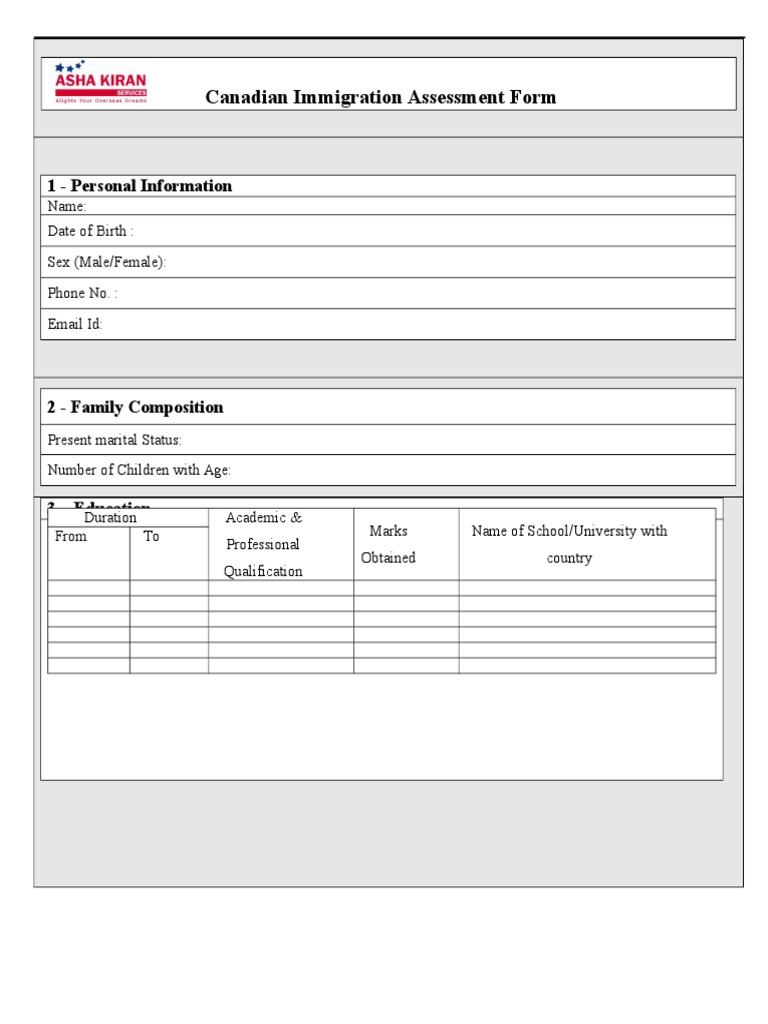 Canadian Immigration Assessment Form: 1 - Personal Information | PDF