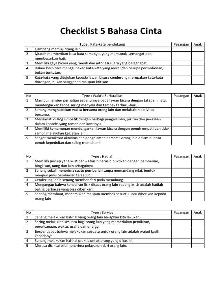 Checklist 5 Bahasa Cinta | PDF