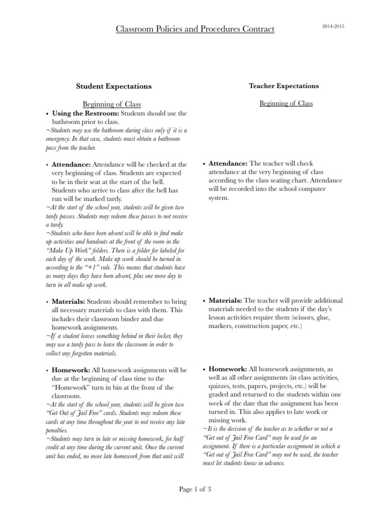 Classroom Policies and Procedures Contract | PDF | Homework | Classroom