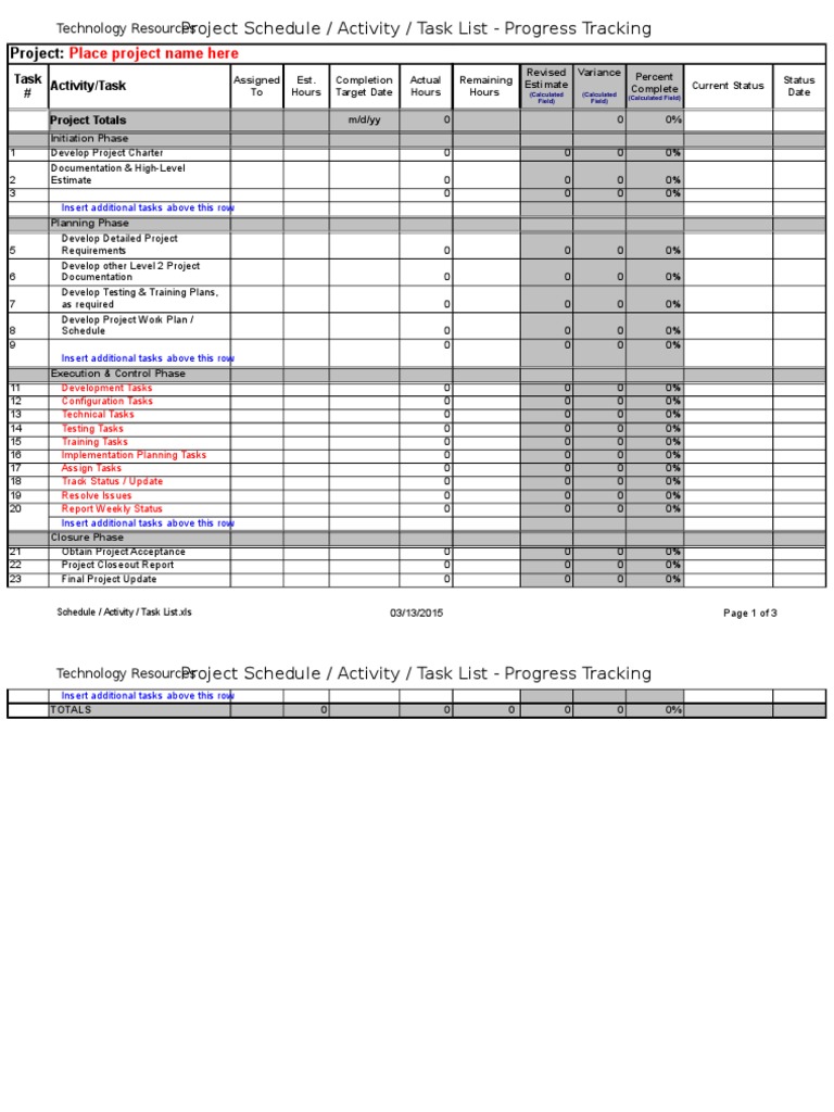 Project Schedule / Activity / Task List - Progress Tracking: Place ...